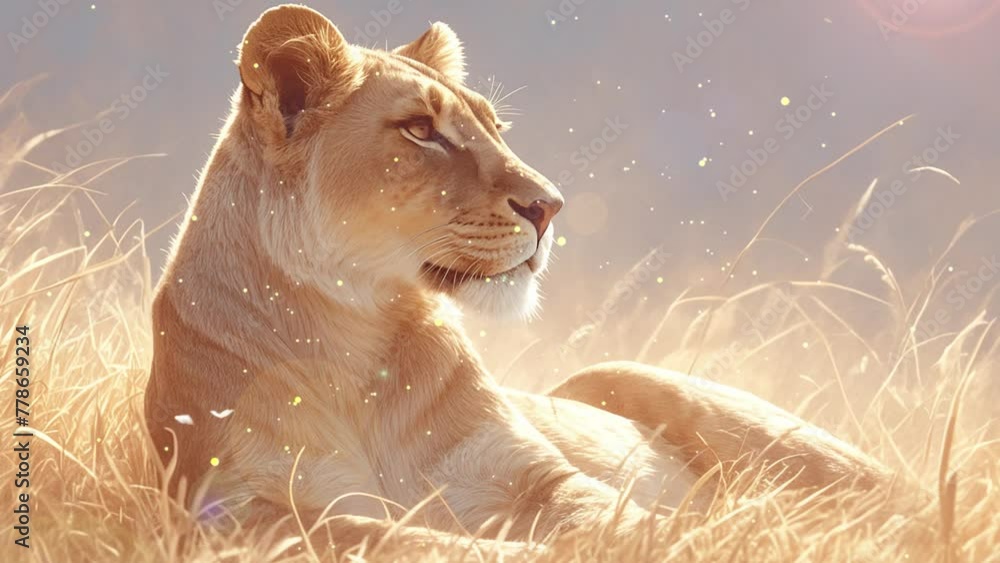 hyper-realistic 2D render of a lioness resting. seamless looping ...