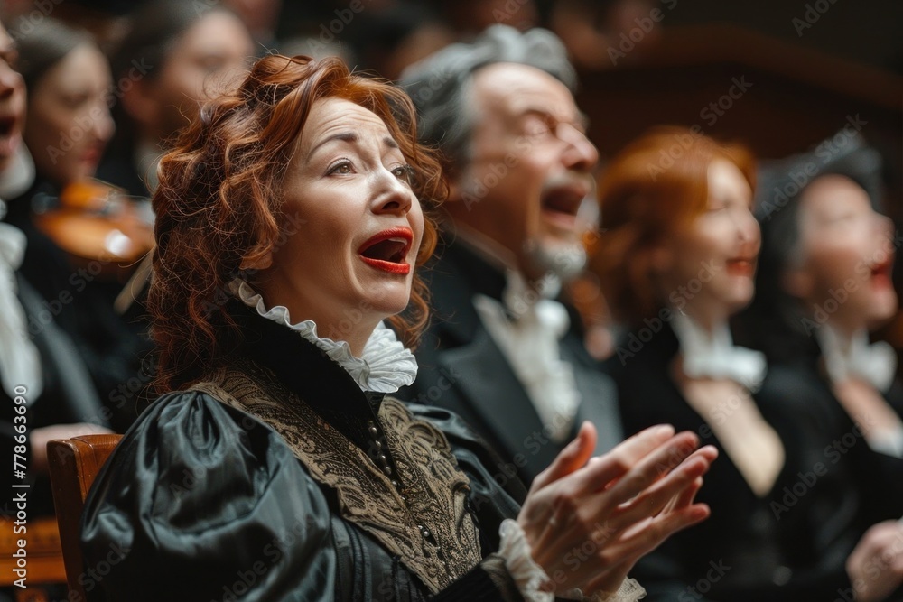 Female opera singer with red hair wearing a black dress with gold ...