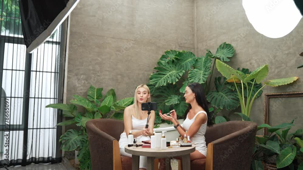 Two beautiful content creator making natural beauty and cosmetic ...