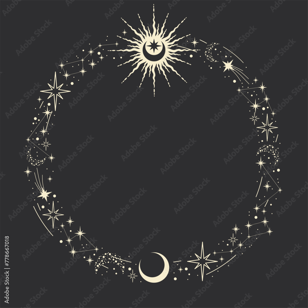 Magic celestial round frame with sun, stars, moon, crescents and copy ...