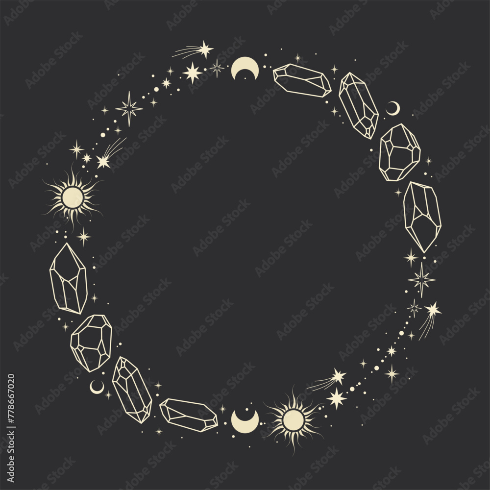 Magic celestial round frame with sun, stars, moon, crescents, crystals ...