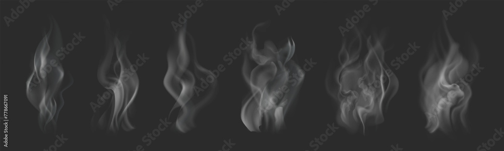 Set of realistic smoke pattern or fire steam effect isolated on dark ...