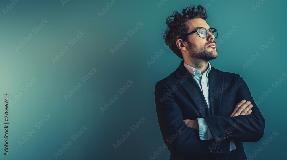 Businessman with spectacles eyeglasses look at sky cross hands messy ...