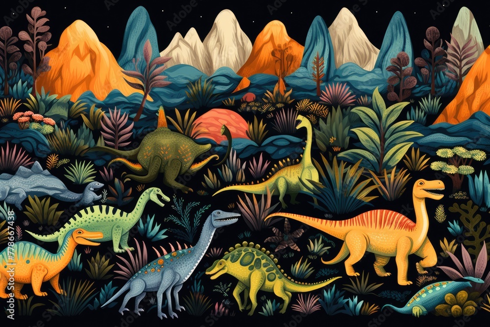 Dinosaurs, A playful pattern of dinosaurs in a prehistoric setting, AI ...
