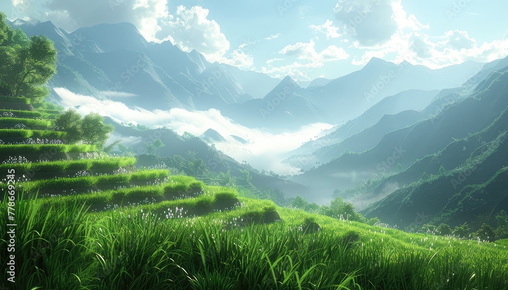 Terraced Rice Fields, Stepped fields of green rice paddies against a ...