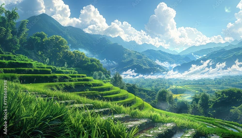 Terraced Rice Fields, Stepped fields of green rice paddies against a ...