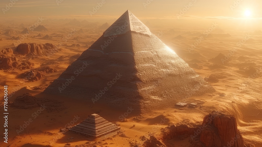 an artist's rendering of a pyramid in the middle of a desert with a sun ...