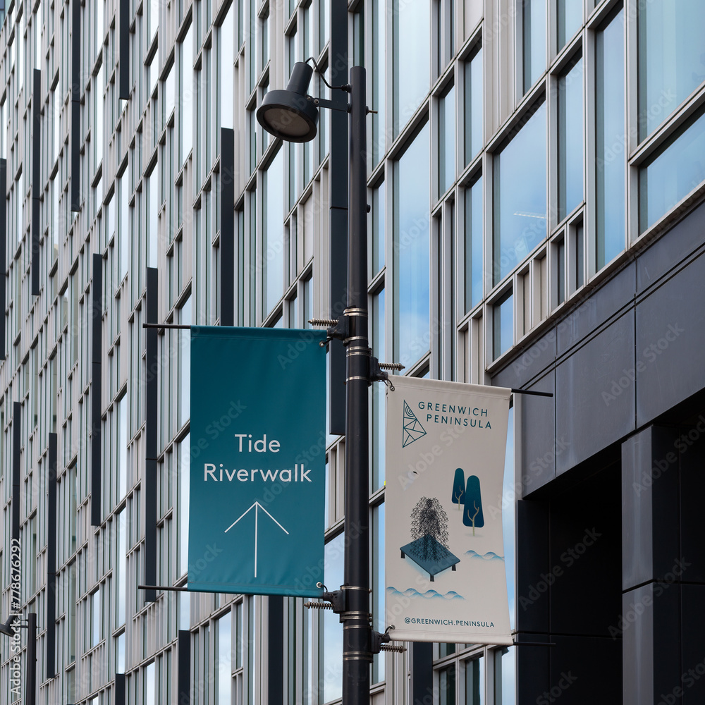 LONDON, UK - APRIL 02, 2024: Signs for The Riverwalk and Greenwich ...