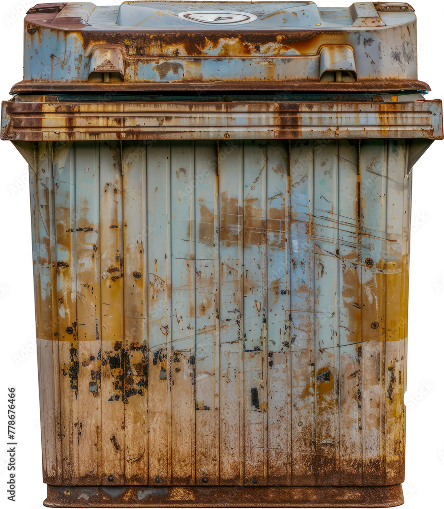 Vintage blue trash can with rust and wear marks isolated cut out on ...