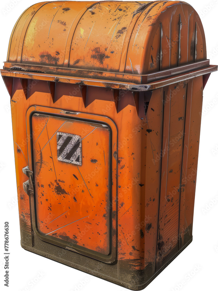 Vintage blue trash can with rust and wear marks isolated cut out on ...
