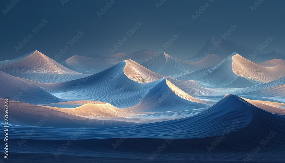Desert Dunes at Dusk, Dramatic shadows cast across rolling sand dunes ...