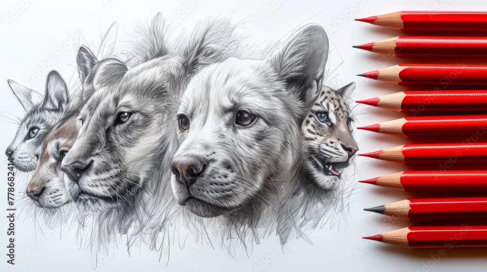 a pencil drawing of three dogs and three cats with their heads turned ...