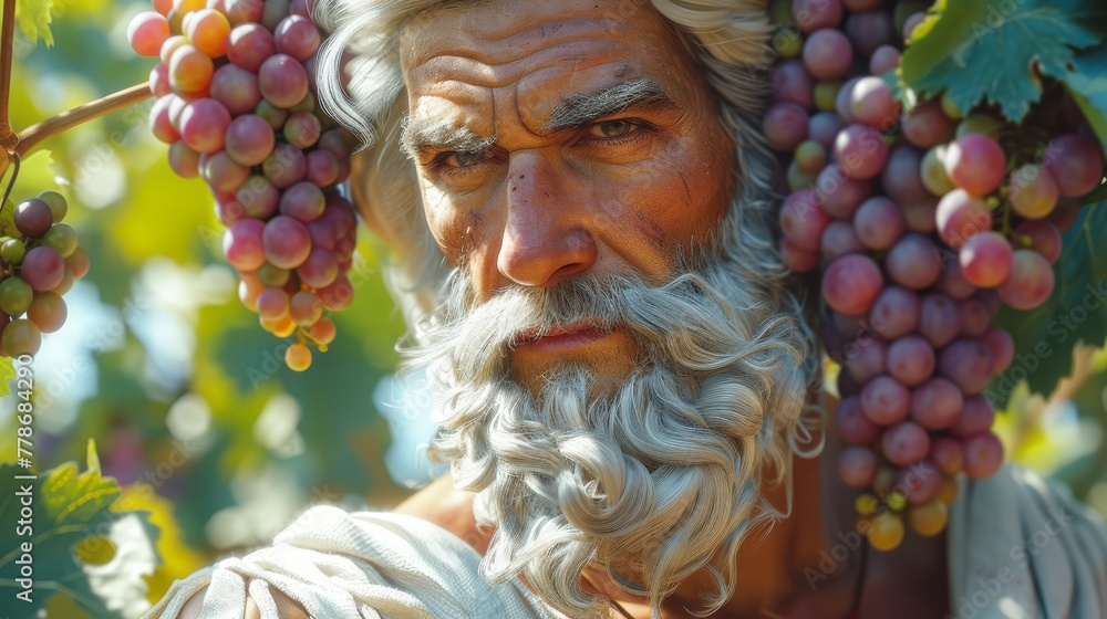 a close up of a statue of a man with a bunch of grapes on his head and ...
