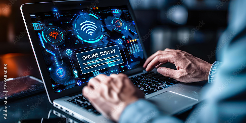 A professional conducts an online survey using a futuristic interface ...