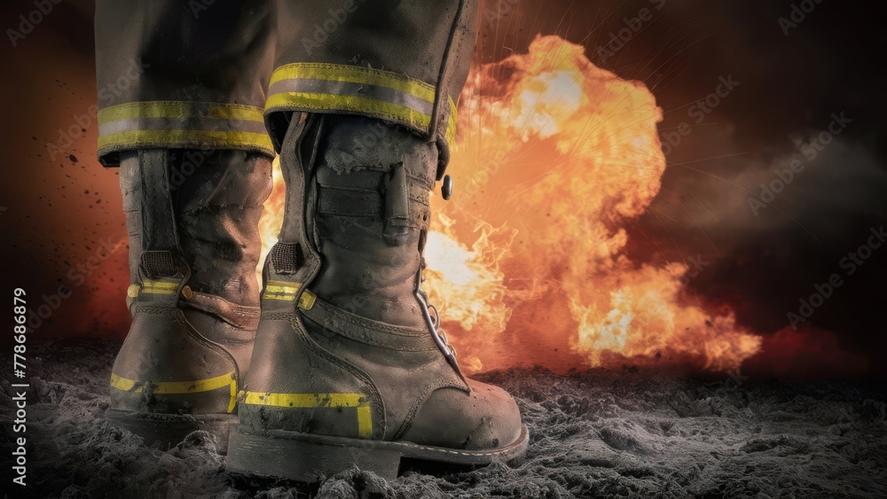 fireman boots, with the flame of a fire explosion erupting in the ...