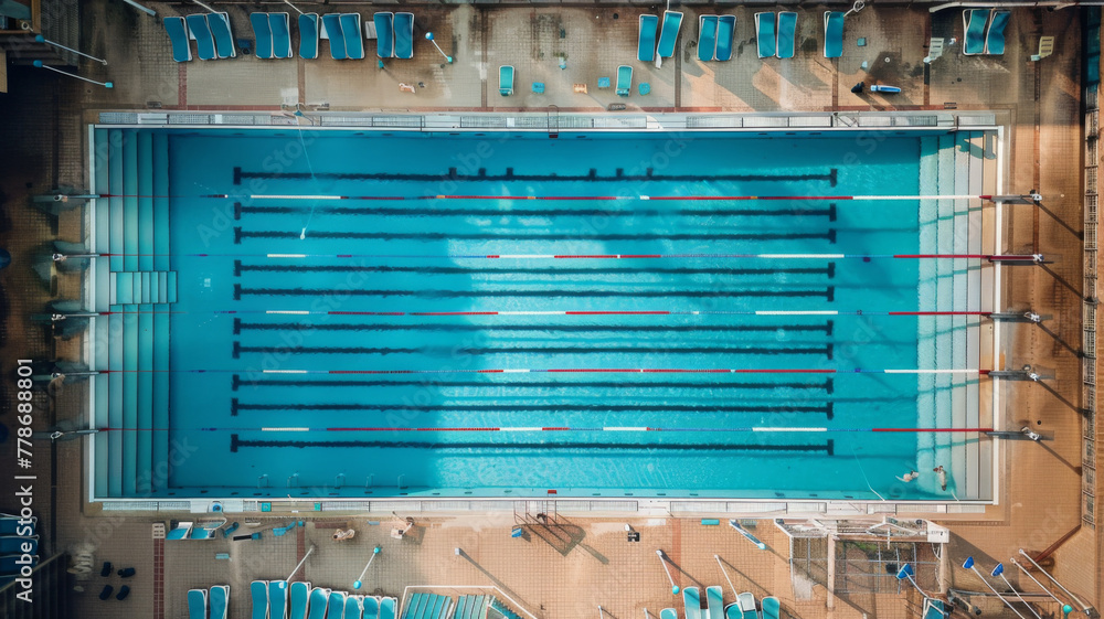 Drone shot of competition swim pool with spectators - A top view of an ...