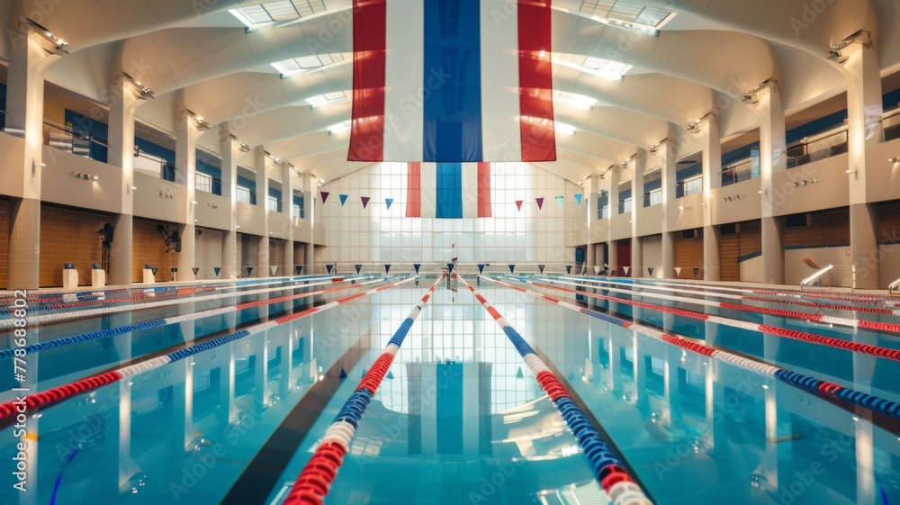 ภาพประกอบสต็อก Olympic Pool with National Flags and Empty Lanes ...