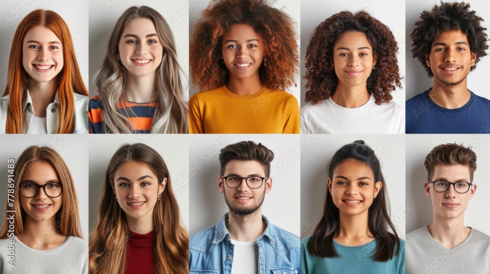 Many happy different young people portraits. Group headshots in collage ...