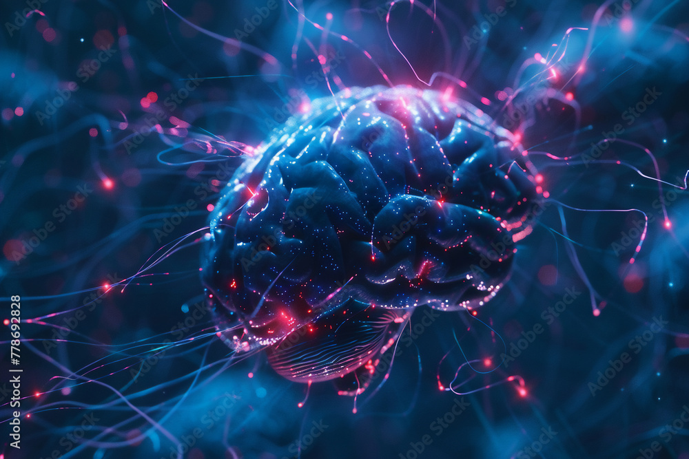 ภาพประกอบสต็อก The human brain and nerves shine. Blue brain with red ...