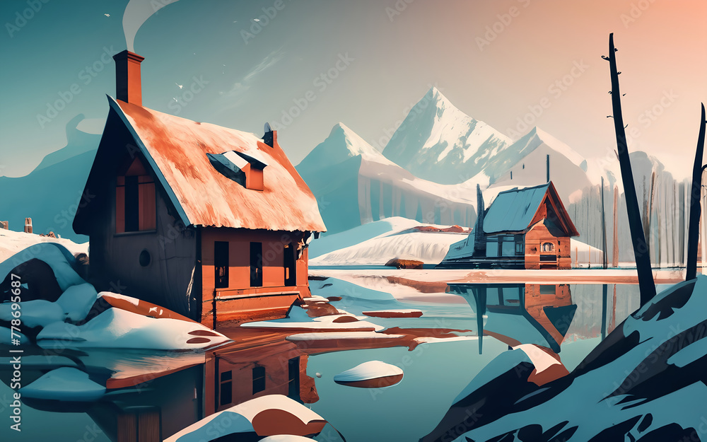 Nature landscape in a cold country with wooden house or cottage ...