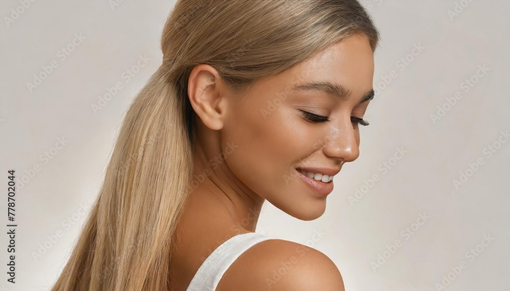 Back view of attractive woman, looking down and smiling, skincare ...