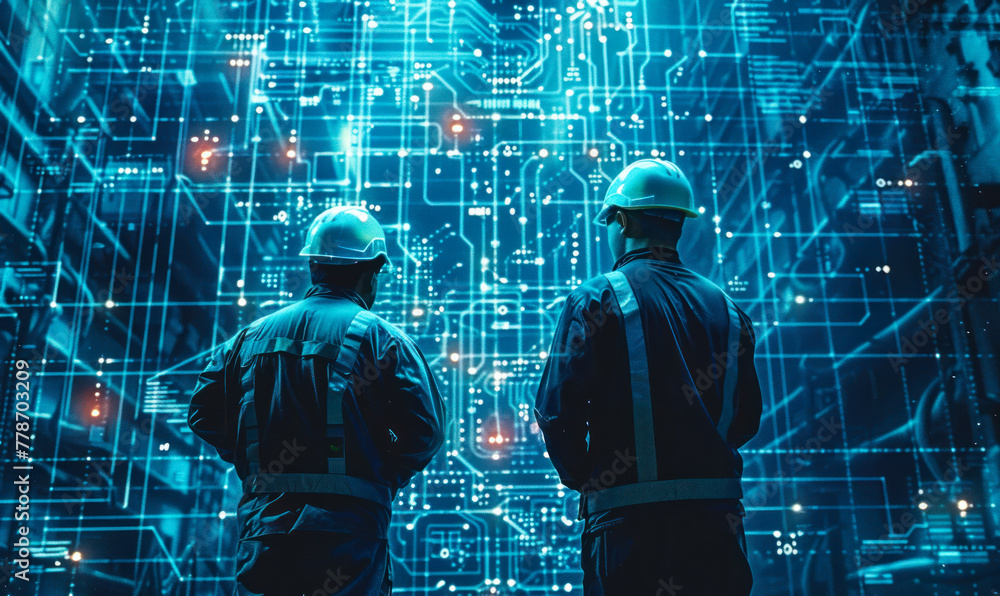 Silhouettes of engineers analyzing complex architectural blueprints and ...