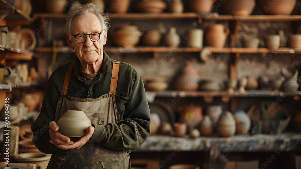 An elderly potter with glasses and a smock stands against a pottery ...