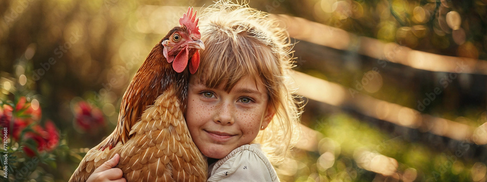 Blond Girl Holding Hen on Farm, Embrace, Sustainable Living, Animal ...