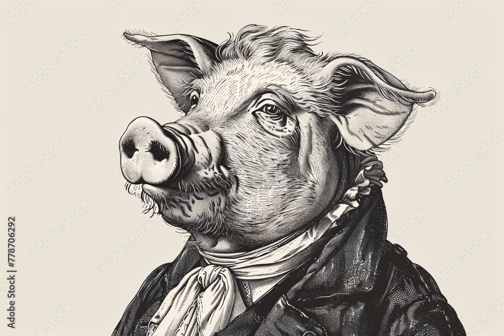 An illustrated pig wearing Victorian clothing, drawn by hand with an ...