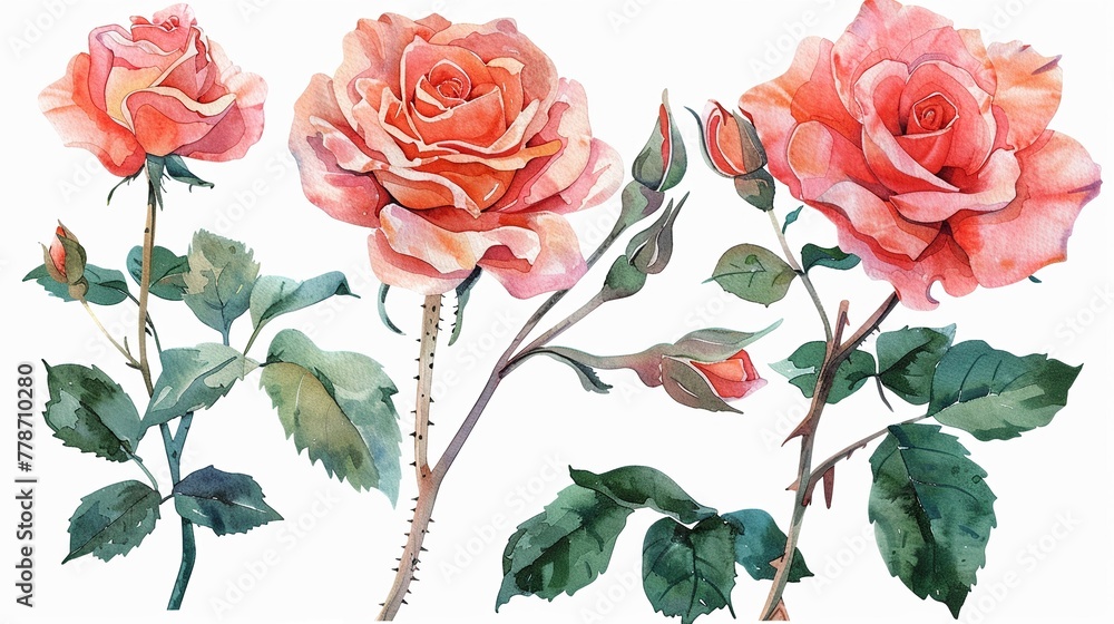 Watercolor rose clipart in various colors and angles. Stock ...