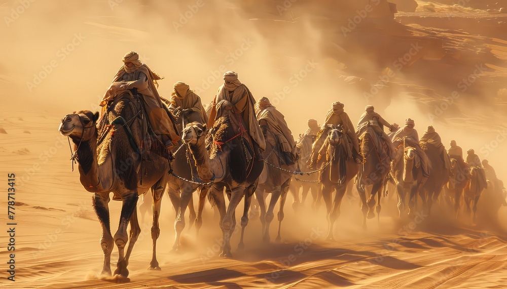 Camel Caravan, Traditional camel caravans trekking across the desert ...