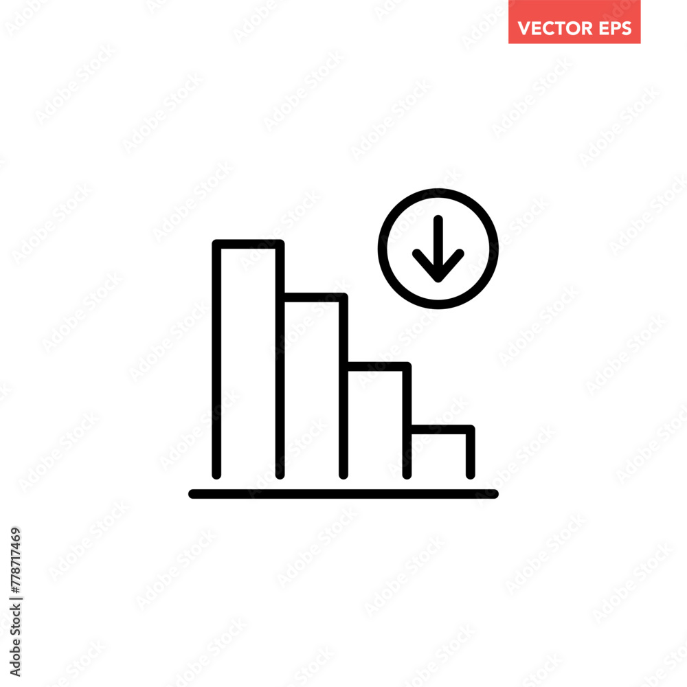 Black single financial graph with down arrow line icon, simple businese ...