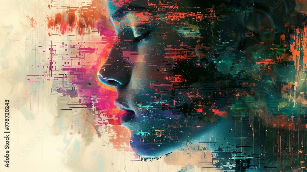 A woman's face is shown in a blurry, pixelated manner. The image is ...