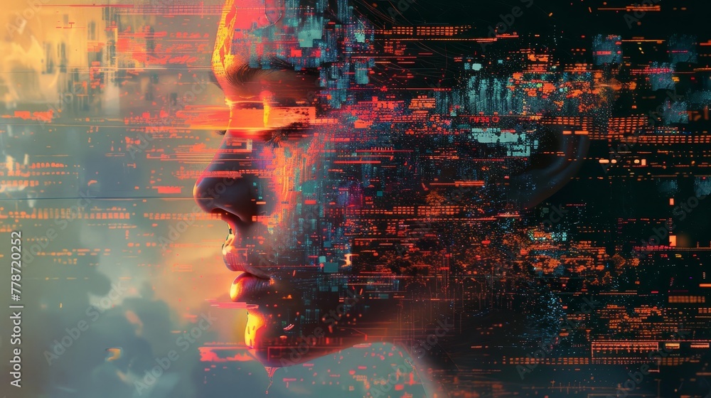 A woman's face is shown in a digital art piece with a cityscape ...