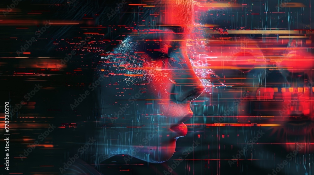 A woman's face is shown in a blurry, pixelated image with red and blue ...