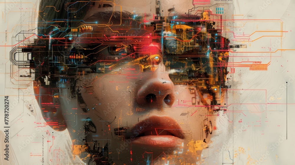 A woman's face is distorted and pixelated, giving the impression of a ...