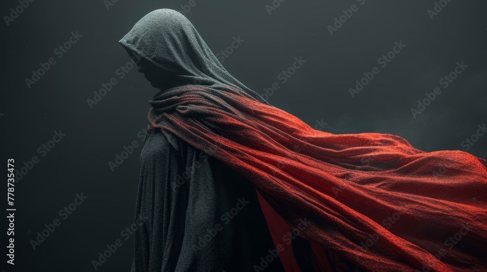 a person in a hooded cloak with a red cloak over their head and a red ...