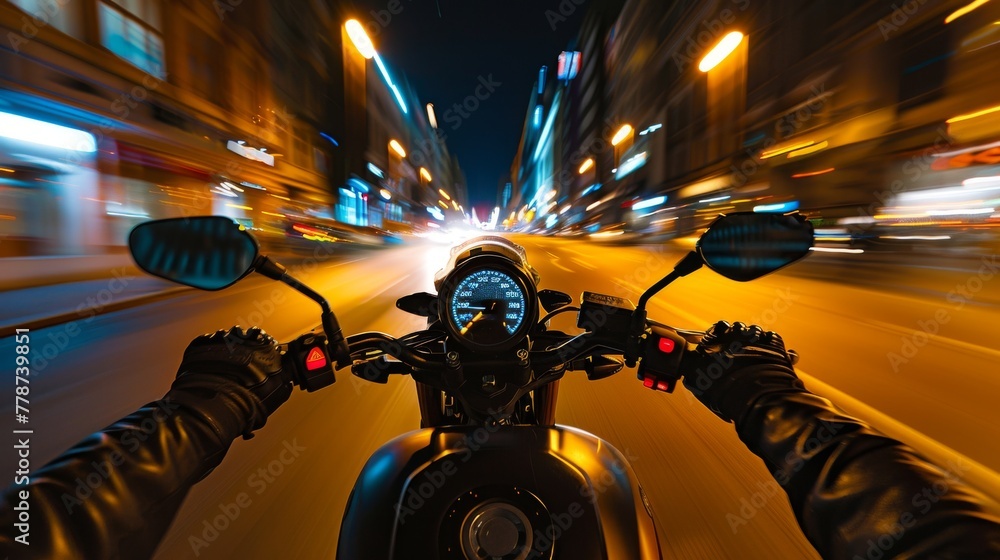 First-person view from a motorcycle speeding through a city at night ...
