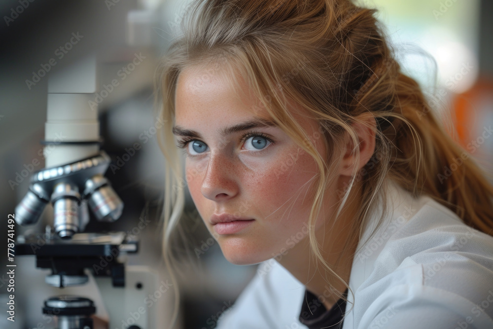 A female zoologist peers into a microscope, her eyes focused intently ...