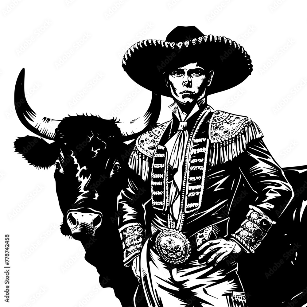Matador man with a bull- black and white vector drawing Stock Vector ...