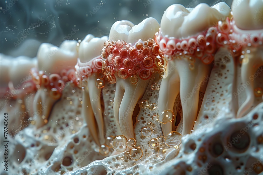 Up-close look at sticky plaque entangling the tooth-gum line ...