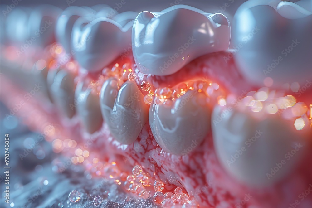 Close-up of teeth being cleansed, with water bubbles washing away ...