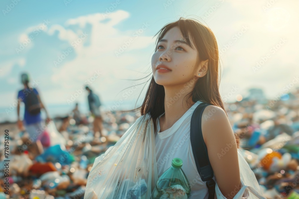 Recycle bottle and asian woman cleaning plastic pollution earth day ...