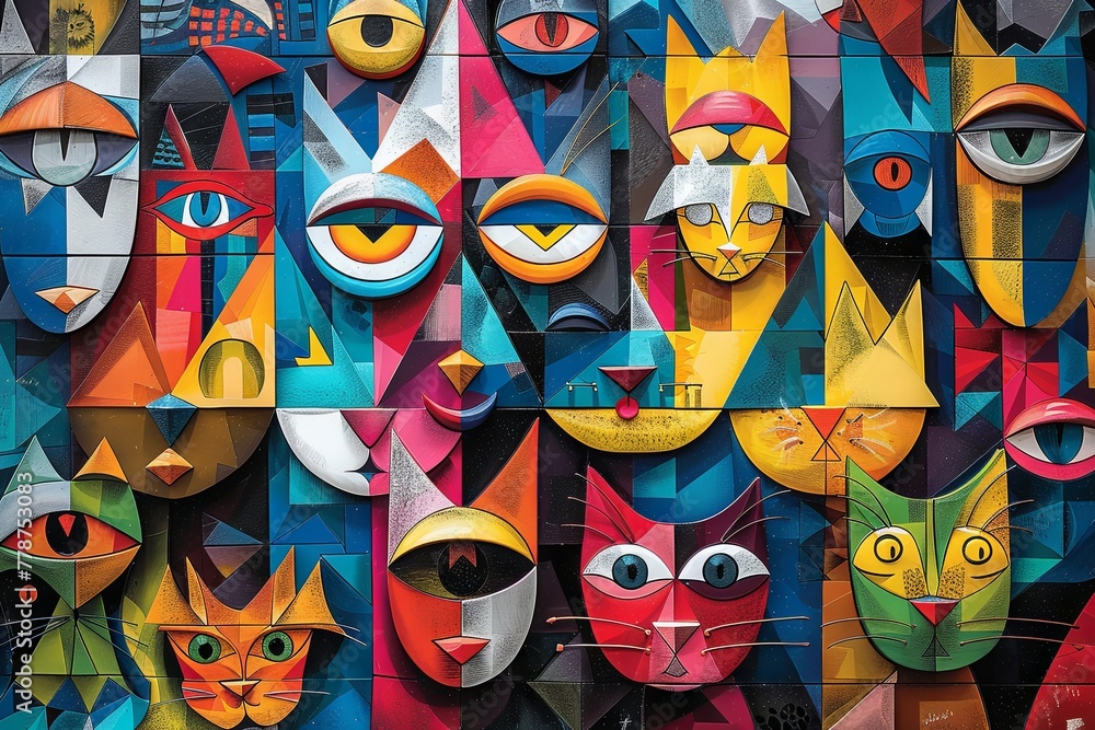 Cubist Cat Carnival, featuring fragmented forms, multiple perspectives ...