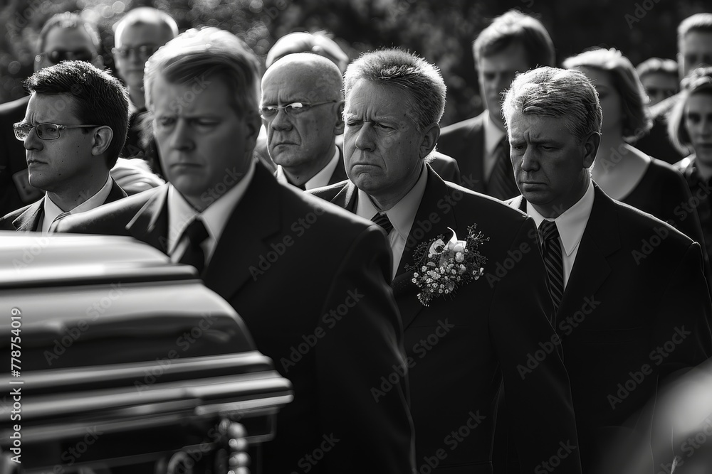 Solemn men dressed in suits participating in a somber funeral ...