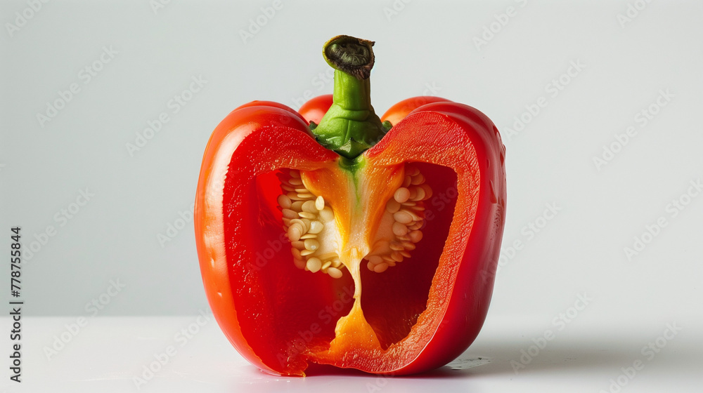 Red bell pepper cut open on white surface. Glossy exterior, seed detail ...