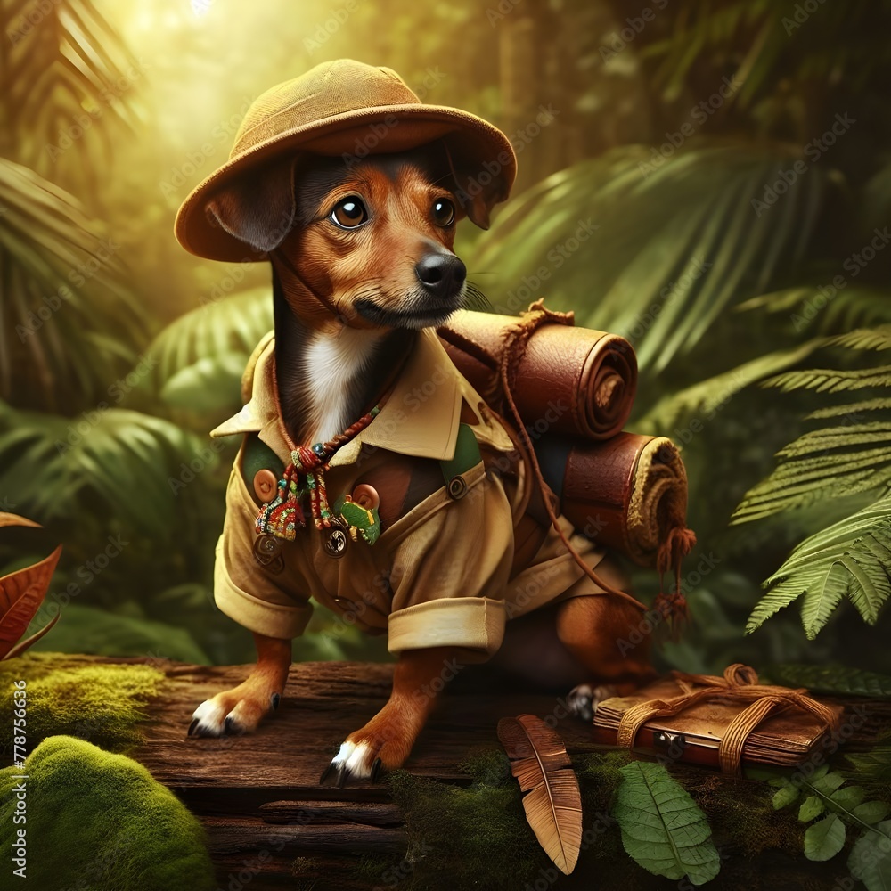 a brown rat terrier dressed as a jungle explorer, digital art Stock ...