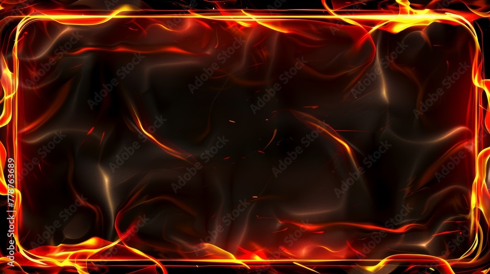 Fire frame on black background with red and yellow flames emerging from ...