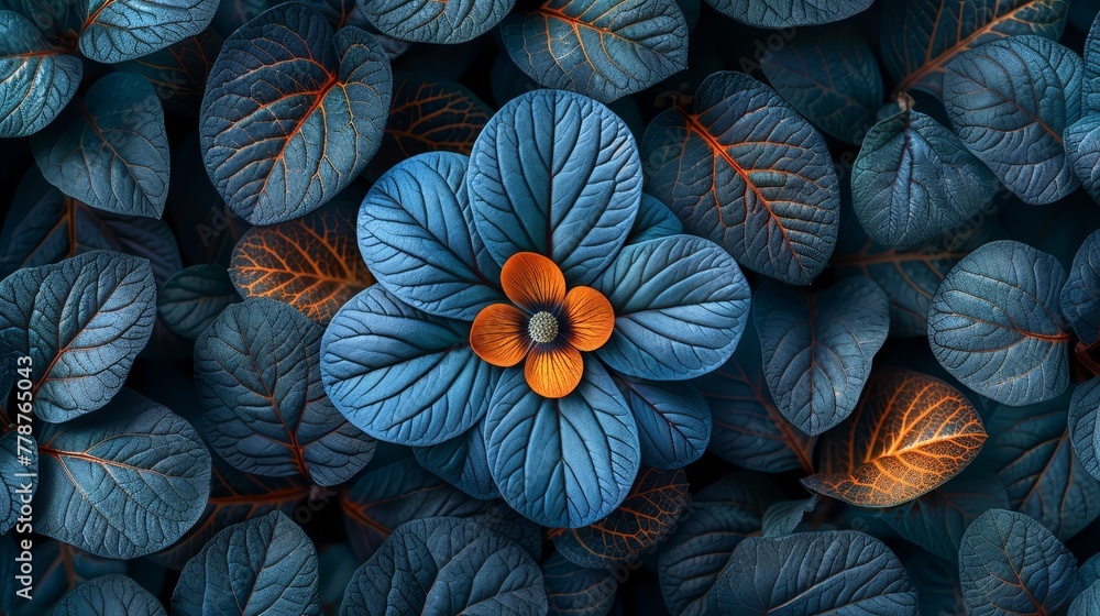 A detailed shot of an azure and scarlet blossom encircled by lush ...