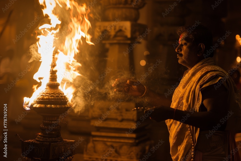 Amidst the temple's ancient architecture, a Hindu priest offers flames ...
